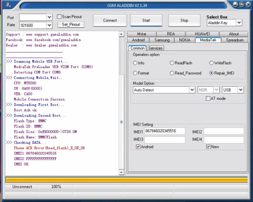 How to use GSM Aladdin to write IMEI to an MTK Smartwatch