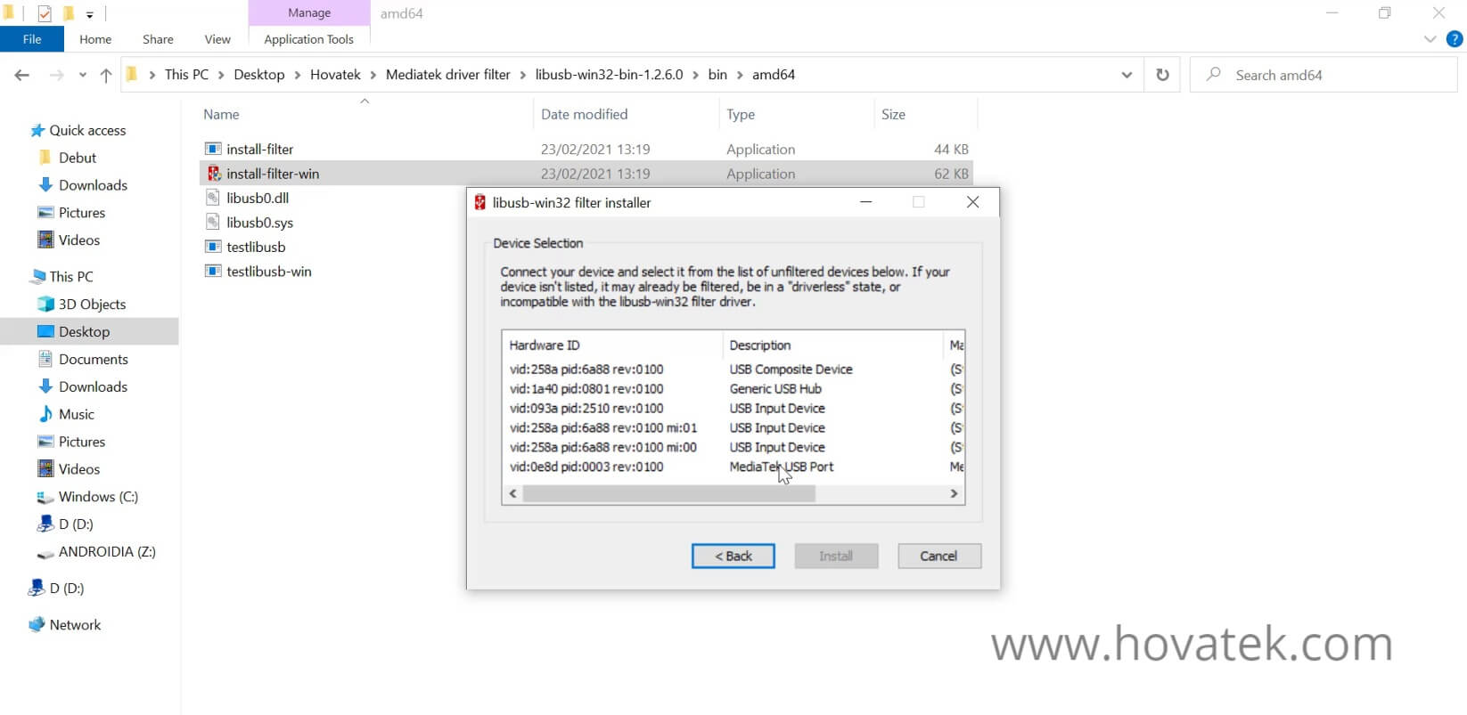 How to install driver filter for Mediatek using libusb