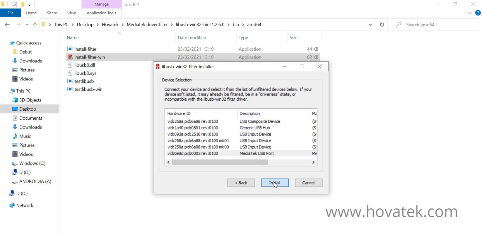 How to install driver filter for Mediatek using libusb